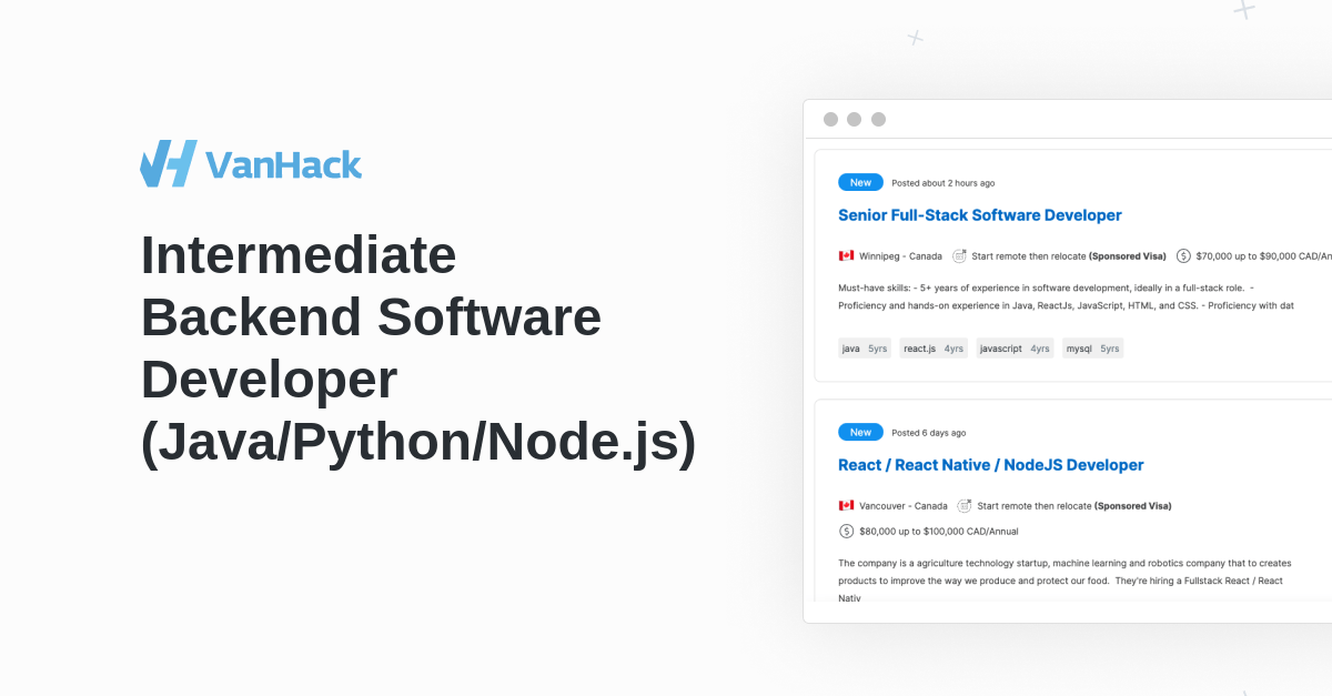 Intermediate Backend Software Developer Java Python Node Js Vanhack